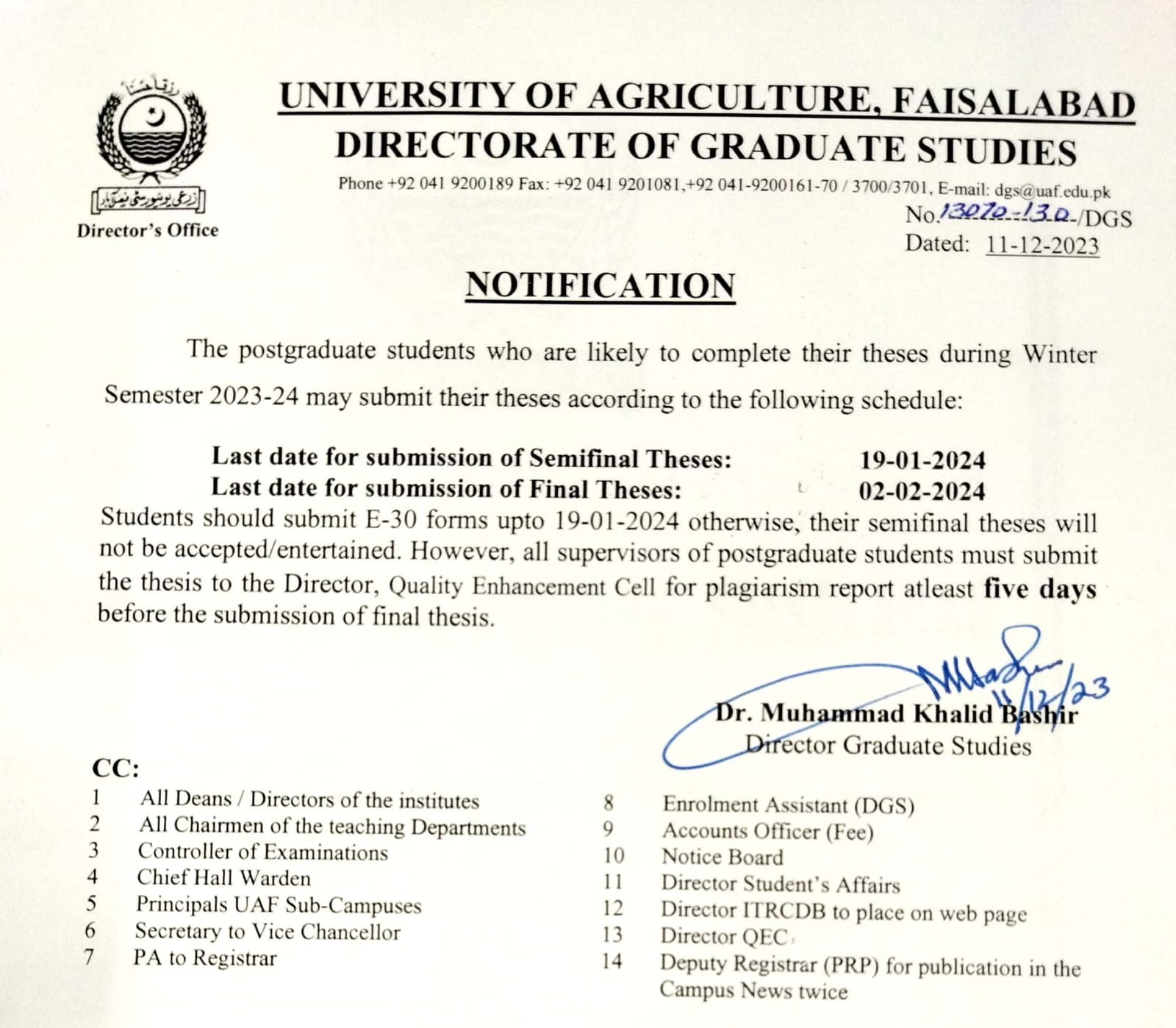 University of Agriculture, Faisalabad, Pakistan -> Directorate of ...